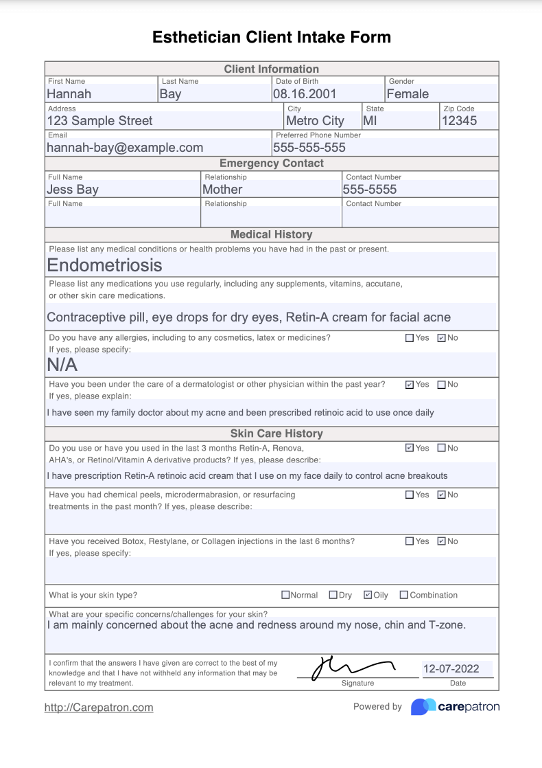 Esthetician Client Intake Form Template Free PDF Download